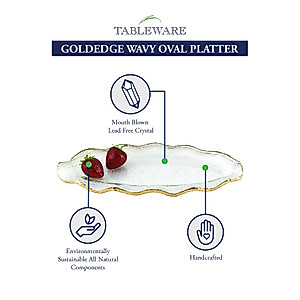 Badash Goldedge Glass Serving Tray - 14" x 7" Hand-Decorated Gold Leaf Edge Oval Tray or Platter - Food-Safe, Great for Entertaining & More