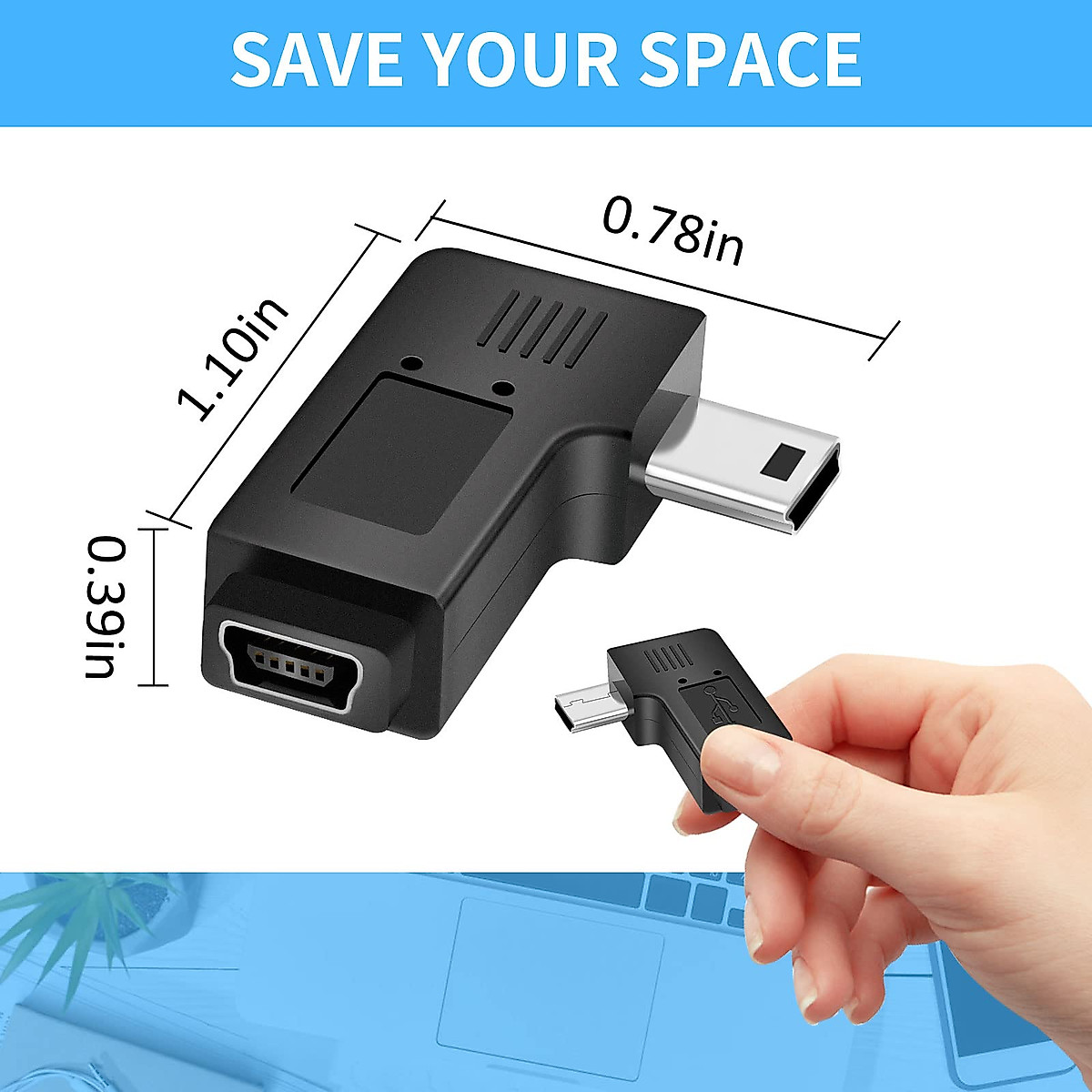 UCEC USB 2.0 Adapter Plug, Mini USB to Mini USB, Left and Right Angle Mini to Mini - Male to Female - Pack of 2