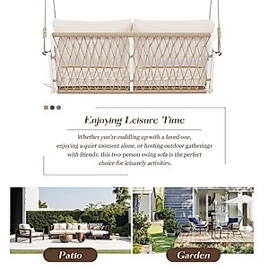 Quarte 1-Piece Woven Rope Outdoor Swing Sofa, 2-Person Porch Swing Bench with Soft Cushions, Patio Furniture for Garden, Backyard, Poolside (Beige/Rope)