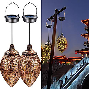 2PCS Hanging Solar Lights Solar-Powered Lantern LED Garden Lights Metal Lamp Waterproof for Outdoor Hanging Decor…