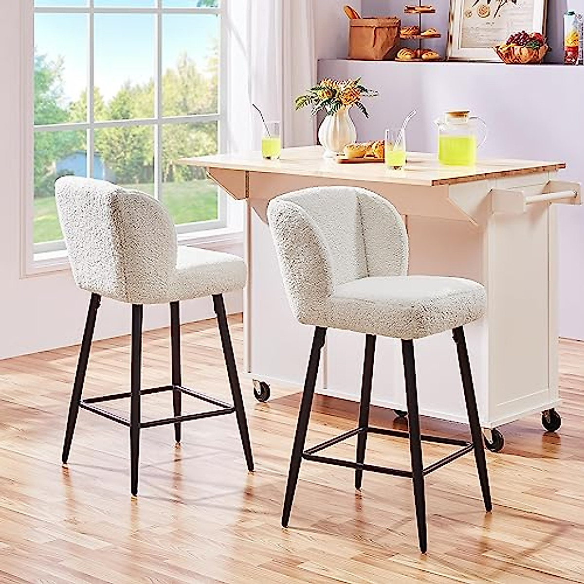 Yaheetech Bar Stools Set of 4 Boucle Fabric Upholstered Counter Height Stools Armless Kitchen Island Stools with Black Metal Legs for Pub Club Kitchen, White