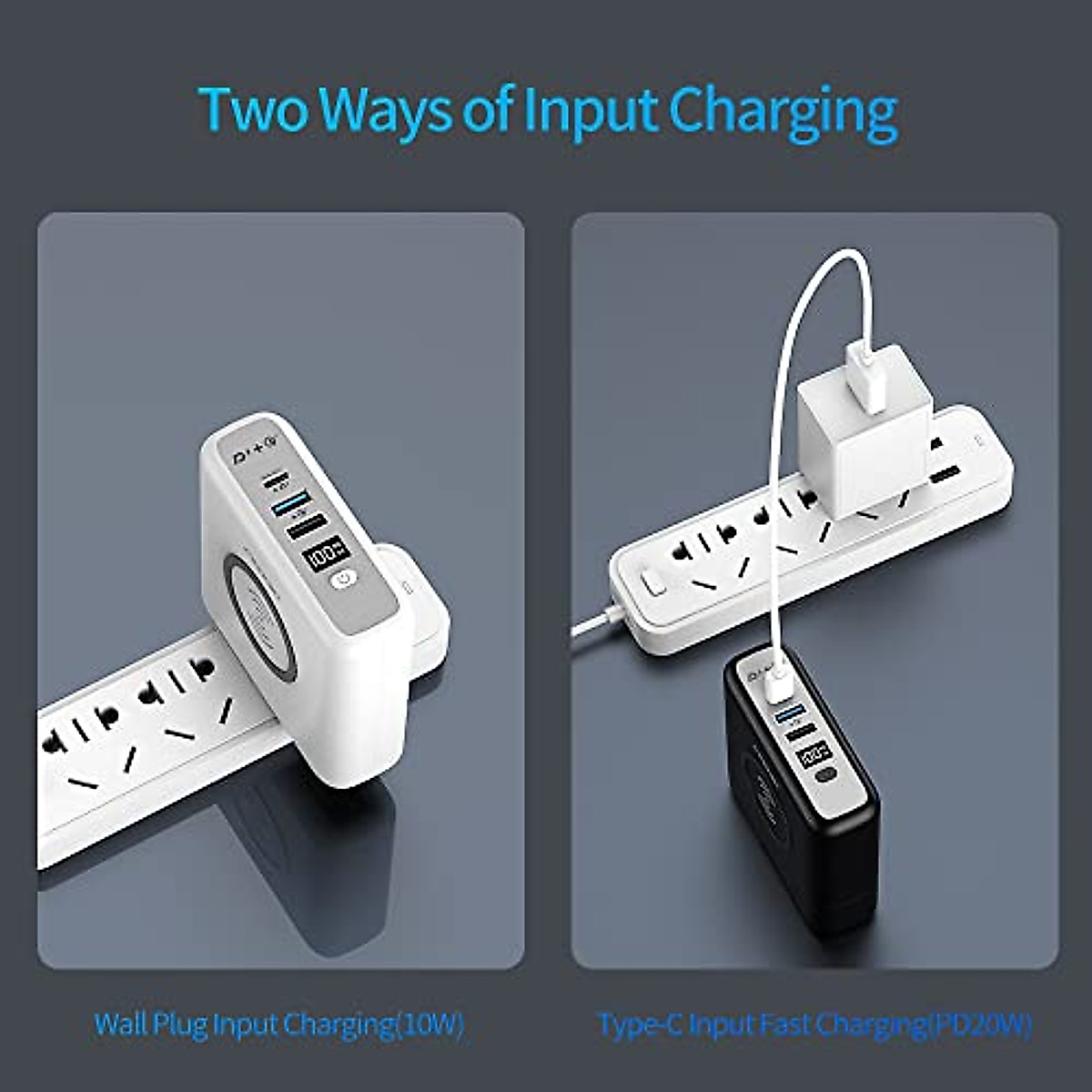 DEXINLY Portable Wireless Charger Power Bank,10000mAh 3-in-1,PD20W USB-C,QC3.0 USB-A Fast Charging Power Bank with Wall Plug, Travel Charger with External Battery Pack for iPhone,iPad,Android (Black)