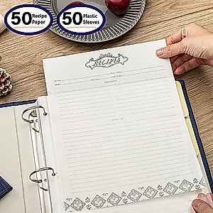 COFICE Recipe Binder – 8.5x11 3 Ring Blank Family Recipe Book Binder Kit to Write in Your Own Recipes with PU Faux Leather Cover and Plastic Sleeves (Navy Blue)