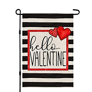 Hello Valentine Watercolor Stripes Garden Flag Love Heart Valentine's Day Holiday Anniversary Wedding Yard Outdoor Decoration 12 x 18 Inch Burlap Spring Garden Flag DF006