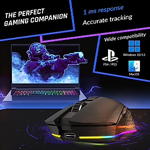 KLIM Blaze Rechargeable Wireless Gaming Mouse RGB New 2024 - High-Precision Sensor and Long-Lasting Battery - 7 Customizable Buttons - Up to 10000 DPI - Wired & Wireless Mouse for PC Mac & PS4 PS5