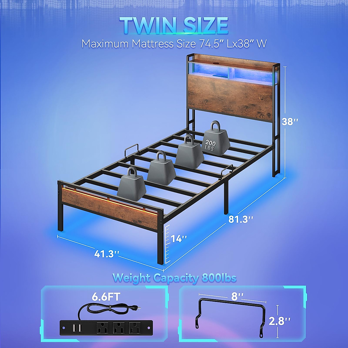 KKL Twin Bed Frames, Storage Headboard with Charging Station, RGB Light Strips, Solid and Stable, Noise Free, No Box Spring Needed, Easy Assembly, Rustic Brown