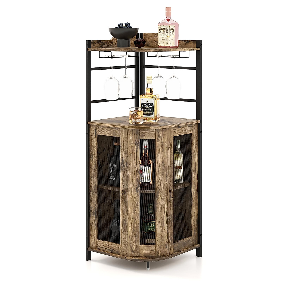 LOKO Corner Wine Bar Cabinet, Industrial Wine Cabinet with Metal Mesh Doors & Adjustable Shelf, Liquor Cabinet with Anti-toppling Device, Rustic Brown, 19 x 19 x 51 Inches (Taupe)