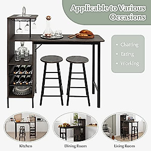 Giantex 3 Pieces Bar Table and Stools Set, Bistro Table Set with Glass Holder, 2 Tier Wine Rack & Storage Shelves, Kitchen Counter Table with 2 Stools for Home, Dining Room, Restaurant, Pub (Brown)