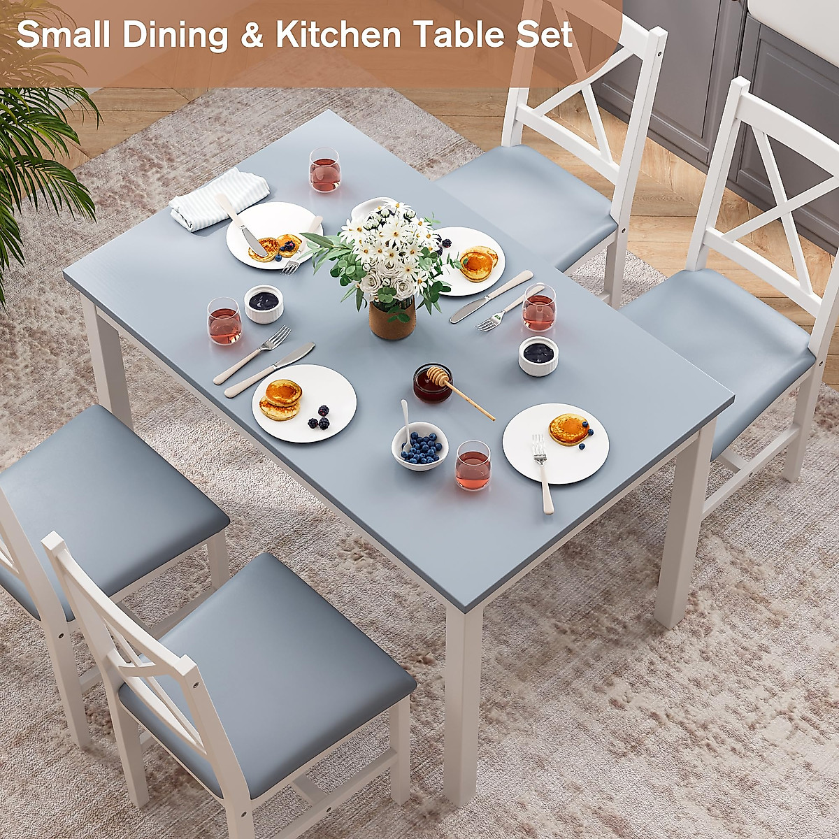 Lumelay Dining Table Set for 2-4 Person,Morden Wooden Small Kitchen Table Set,5 Piece Breakfast Dining Room Table and Upholstered Chairs for Apartment,Space-Saving Design (Blue)