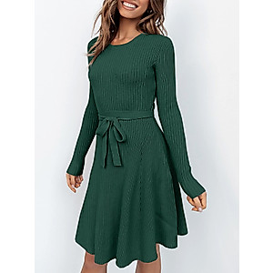 ANRABESS Women Long Sleeve Fall Dresses 2024 Crewneck Tie Waist A-Line Swing Casual Ribbed Knit Cute Short Sweater Dress Green Large