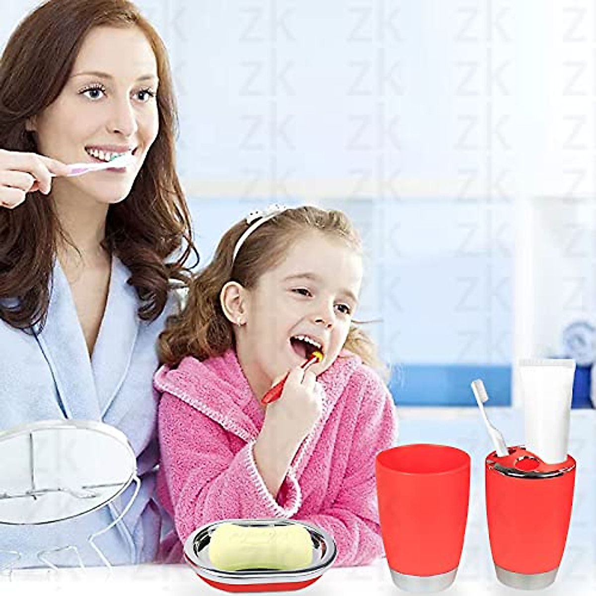 Bathroom Accessories Set 6 Pieces Plastic Bathroom Accessories Toothbrush Holder, Rinse Cup, Soap Dish, Hand Sanitizer Bottle, Waste Bin, Toilet Brush with Holder (RED)