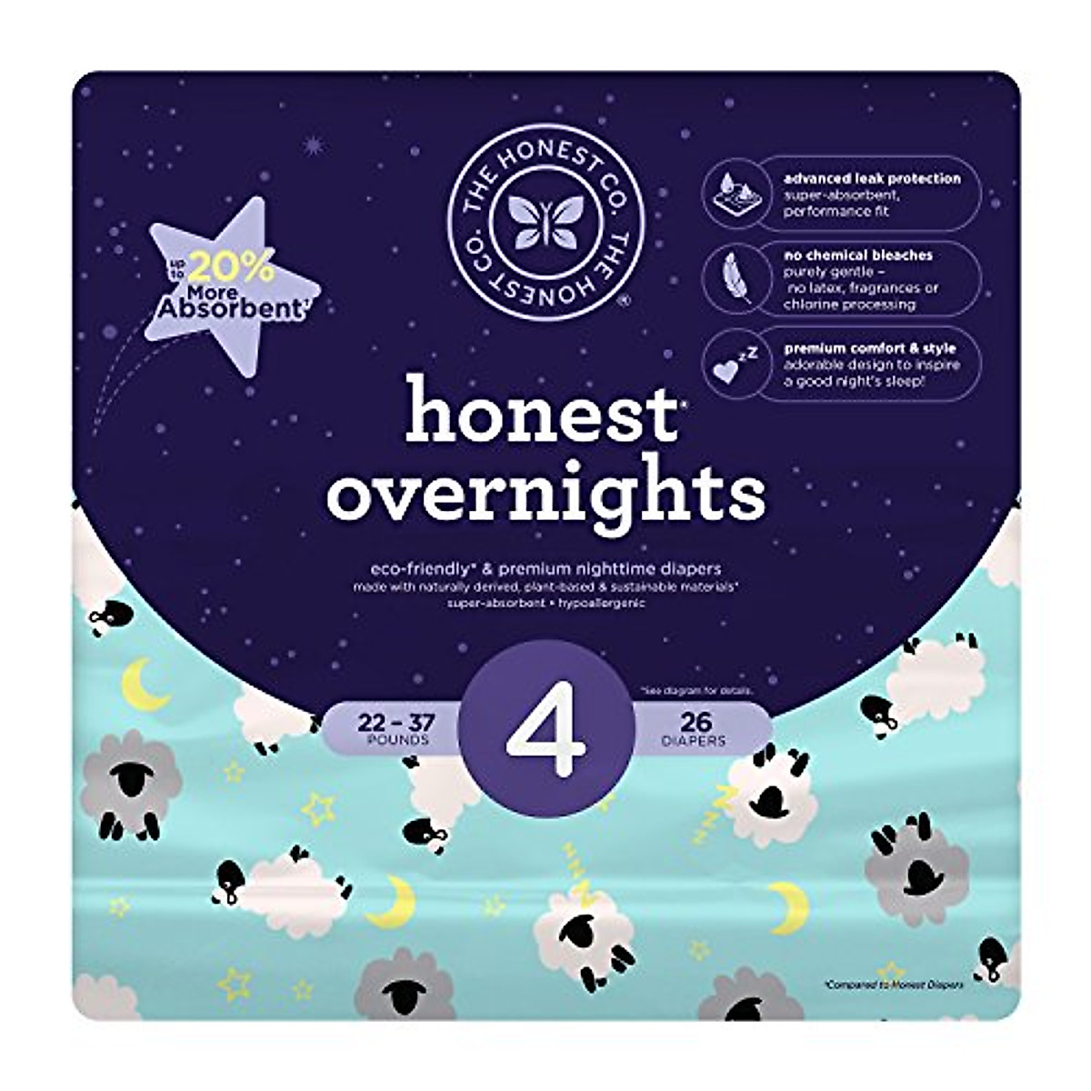 Honest Overnight Baby Diapers, Sleepy Sheep, Size 4, 104 Count