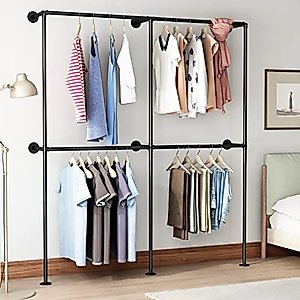 IronJiaZu Industrial Pipe Clothing Rack Wall Mounted Garment Rack,Black Clothes Rack Retail Display Hanging Rod for Closet Storage,Laundry Room