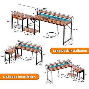 Furologee L Shaped Computer Desk with Drawer, Reversible Corner Desk/83 Long Desk with LED Lights & Power Outlets, Home Office Gaming Table with 2 Shelves and Monitor Stand-(47.2+39.4) in