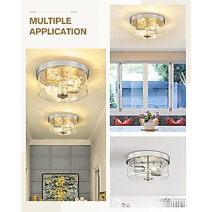 Emak 2-Light Brushed Nickel Ceiling Light Fixture, 11 Inch Flush Mount Light Fixture with Seeded Glass Shade for Bedroom, Living Room, Kitchen, Hallway, Bathroom, FM082-BN