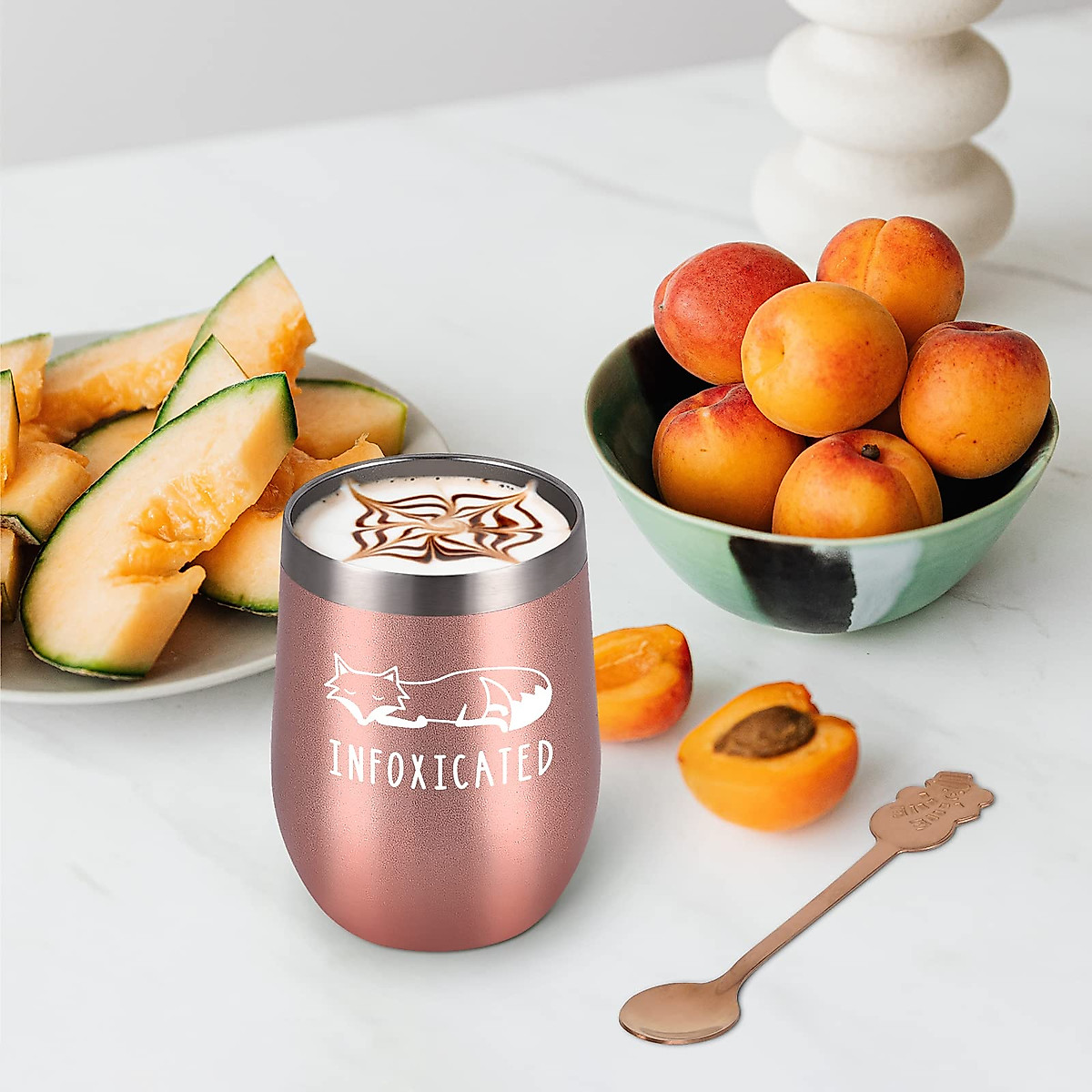 The Fox Series Wine Tumbler Set, 4 Pack, Infoxicated, Zero Fox Given, Oh for Fox Sake, Don't Fox with Me Wine Tumbler for Friends Mom Dad Wife Husband Sisters Family with Spoon, 12 Oz, Rose Gold