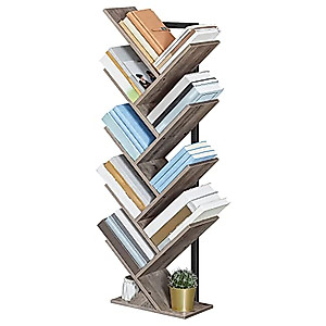HOOBRO Tree Bookshelf, 9-Tier Bookcase Wooden Shelves, Floor Standing Storage Rack, for Display of CDs, Books in Living Room, Home Office, Wood Storage Rack for Bedroom, Greige BG08SJ01G1