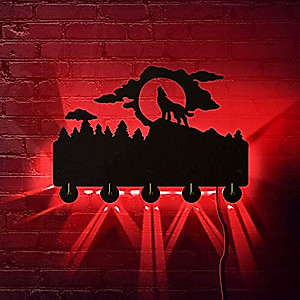 The Geeky Days Howling Wolf Silhouette Household Decor Wall Art Wall Hooks with LED Backlight Wild Animal Clothes Coat Hanger Keys Holder Hooks Bathroom Kitchen Robe Hook