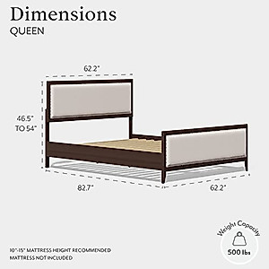 DG Casa Salerno Solid Wood Platform Bed Frame with Nailhead Trim - Queen Bed Frame with Adjustable Headboard, Full Wooden Slats, No Box Spring Needed - Queen Upholstered Bed Frame in Natural Fabric