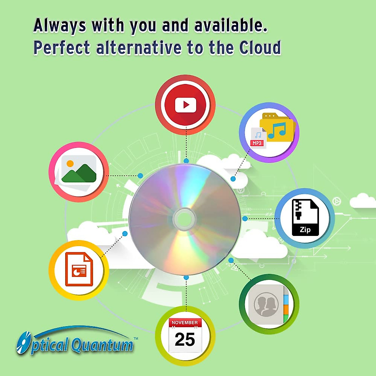 Optical Quantum Blue AZO CD-R 700MB 52X Shiny Silver Blank Recordable Media Disc - 100pk Cake Box, 100 Discs for Music, Data, and Video Recording, Writable Blank CDs