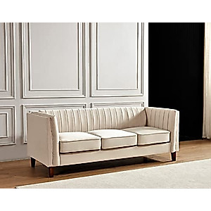 Container Furniture Direct Modern Luxury Velvet Couch for Living Room with High Density Foam, Soft Fabric Upholstery, Removable Cushions and Solid Wood Legs, 83'' Wide 3 Seater Sofa, Beige