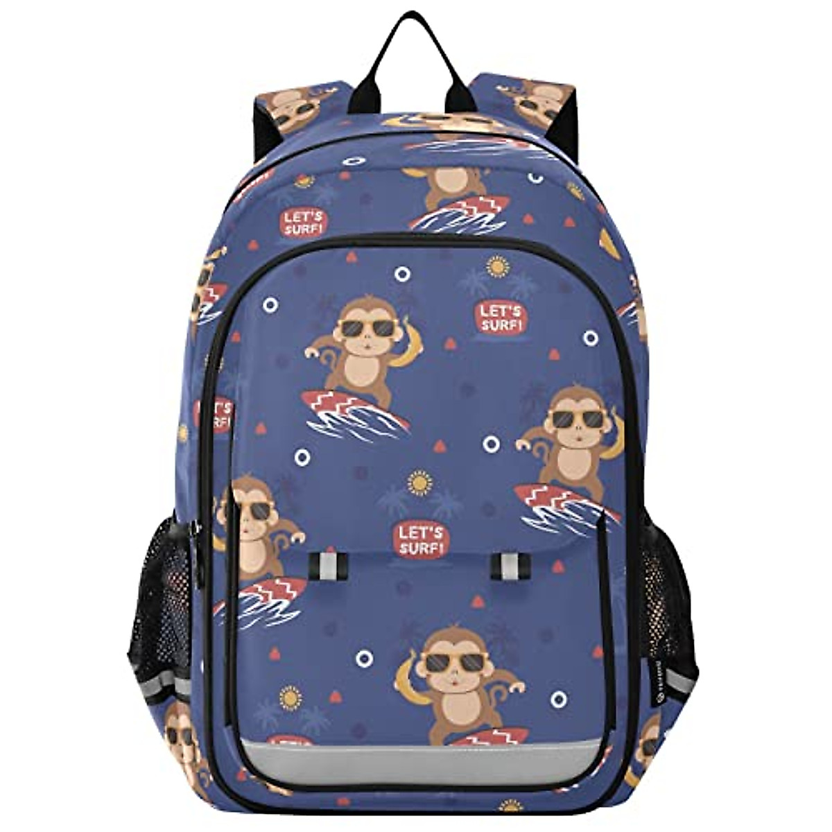 Vnurnrn Kids Backpack Surfing Monkey Print Big Storage Multi Pockets 17.7 IN School Backpack with Chest Buckle Reflective Strip for Boys Girls 6+ years in Primary Middle High School