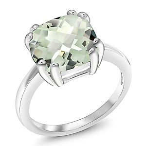 Gem Stone King 925 Sterling Silver Green Prasiolite Double Prong Ring For Women (3.33 Cttw, Cushion Checkerboard 10MM, Available In Size 5, 6, 7, 8, 9)