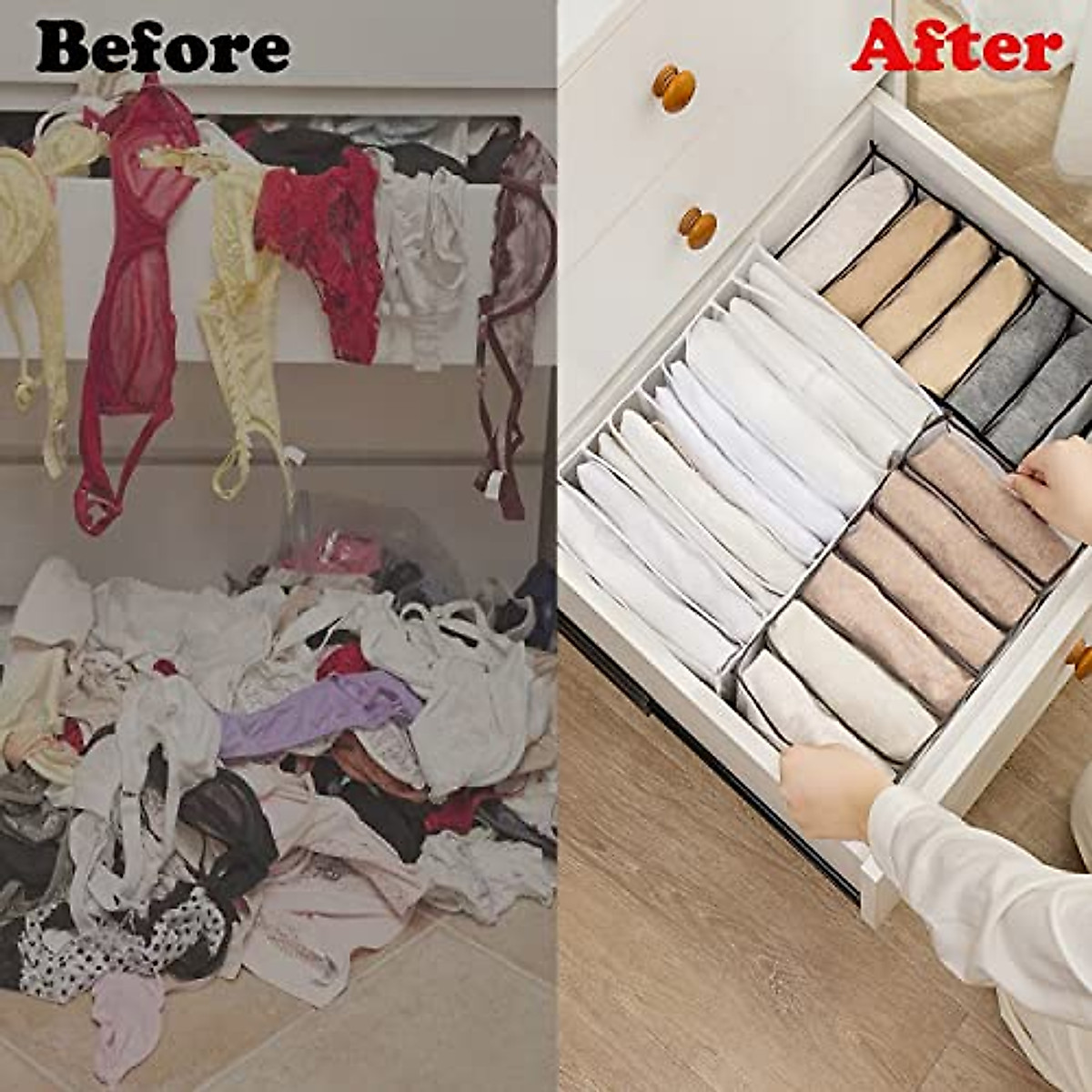 Wardrobe Clothes Organizer, 7 Grid Washable Jeans Drawer Organizer with Compartment Storage Box,Foldable Drawer Closet Clothing Organizer Basket for T-Shirt,Set of 2 (Grey with Handle)