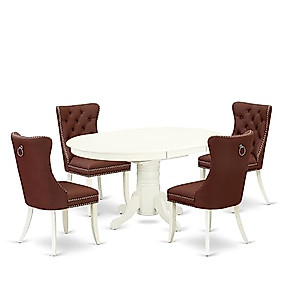 East West Furniture AVDA5-LWH-26 5 Piece Dining Room Furniture Set Consists of an Oval Dining Table with Butterfly Leaf and 4 Upholstered Chairs, 42x60 Inch, linen white