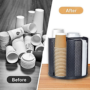 EOFJRUC Cup and Lid Organizer, 360° Rotatable Coffee Cup Dispenser for Disposable Plastic and Paper Cups of 5 to 16 oz, 4 Compartments Detachable Countertop Cup Holder, Black