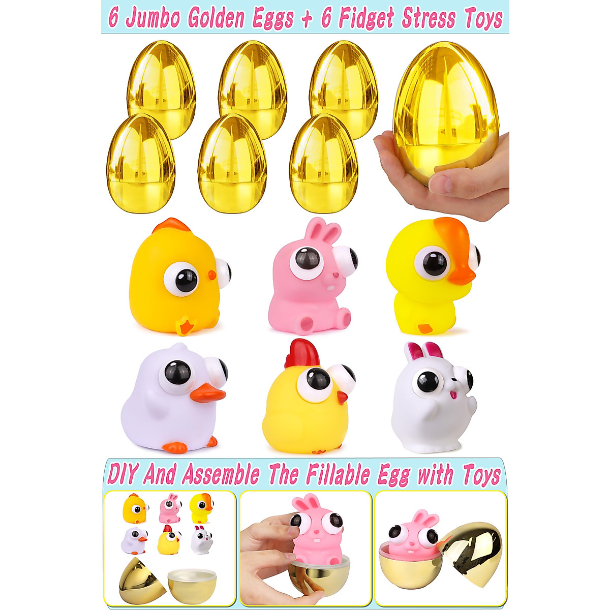 6 Pack Jumbo Golden Easter Eggs Fillers Eye-pop Fidget Toys, Easter Basket Stuffers Animals Easter Eggs with Toys Inside, Large Surprise Gold Egg for Kids Boys Girls Toddlers Easter Hunts Party Favors