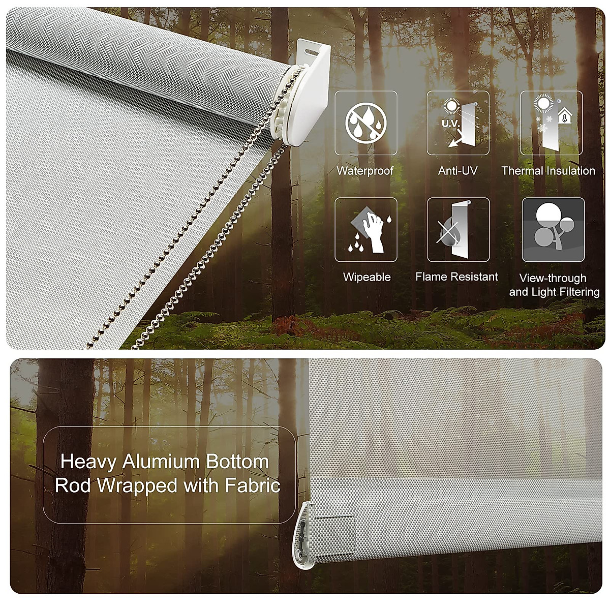 Persilux Solar Roller Shades Light Filtering Roller Blinds for Windows Shades (35" W x 72" H, Grey) Flame Retardant, Semi Sheer Shades for Windows, Home, Office, Easy to Install