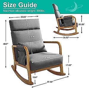YuuYee Patio Rocking Chair Outdoor/Indoor, Wooden Glider Rocker Chair with Lumbar Pillow, Modern Upholstered Comfy Accent Living Room Chairs for Adults, Head/Neck Supporting, Side Pocket (Grey)