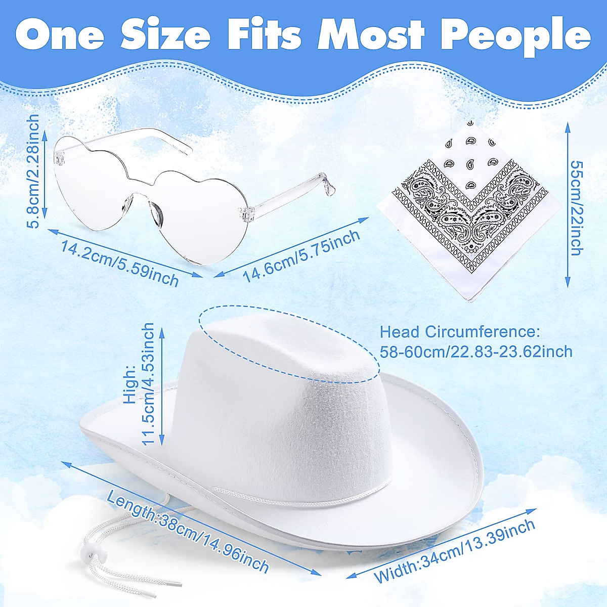 36 Pieces Adult Cowboy Hat with Bandanna Heart Sunglasses Unisex Felt Cowboy Hat Men Women Western Party Hat Cowboy Costume (White)