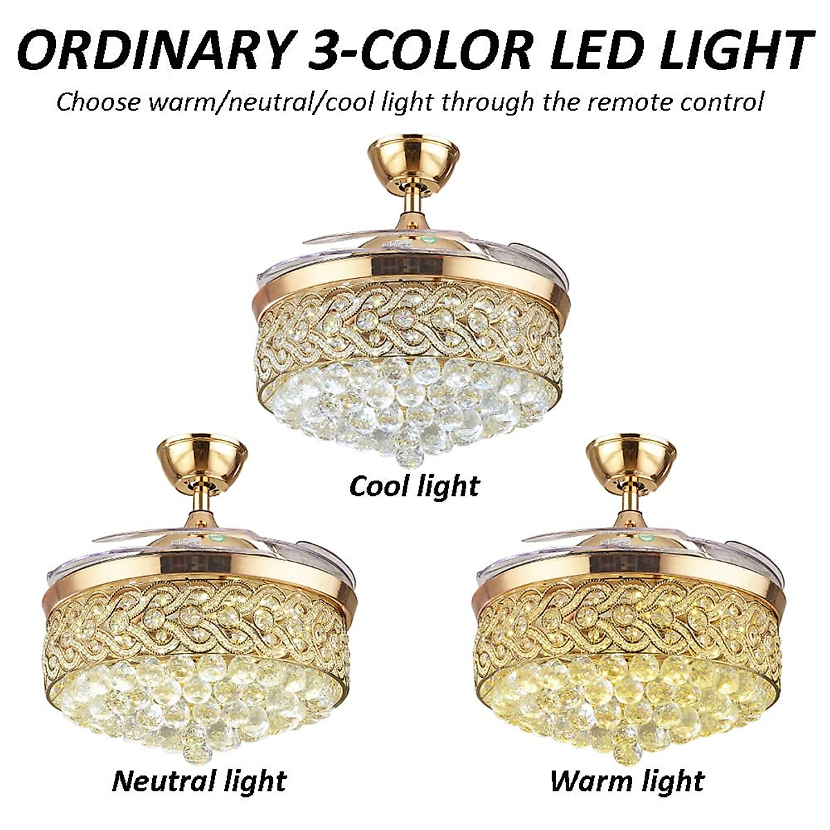 FANRYO 42"LED Crystal Invisible Ceiling Fan with Lights and Remote , Adjustable Tri-color Lighting Tri-Wind Speed Silent Motor Indoor Chandelier Lighting Fandelier for Livingroom Bedroom (42''-gold)