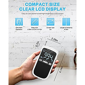 Greadio Portable AM FM Radio, Walkman Transistor Battery Radio with Rechargeable 900mAh Battery, Best Reception, Digtal LCD Screen, Time Seting Pocket Mini Radio for Home, Office, Kids (White)