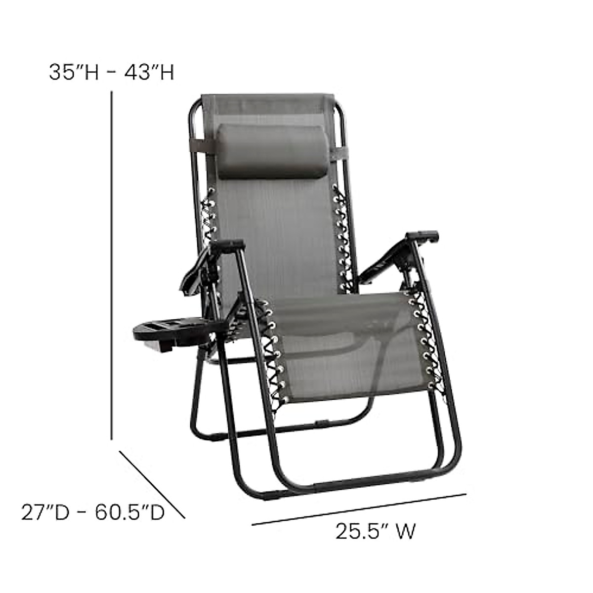 Flash Furniture Celestial Adjustable Folding Mesh Zero Gravity Reclining Lounge Chair with Pillow and Cup Holder Tray in Gray, Set of 2