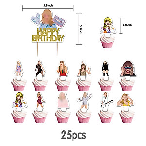 Qupzsen 25pcs Music Cake Decorations, Singer Cake Topper, Concert Cake Topper Birthday Cake Toppers with 1pcs Cake Topper and 24pcs Cupcake Toppers for Singer Birthday Party Supplies