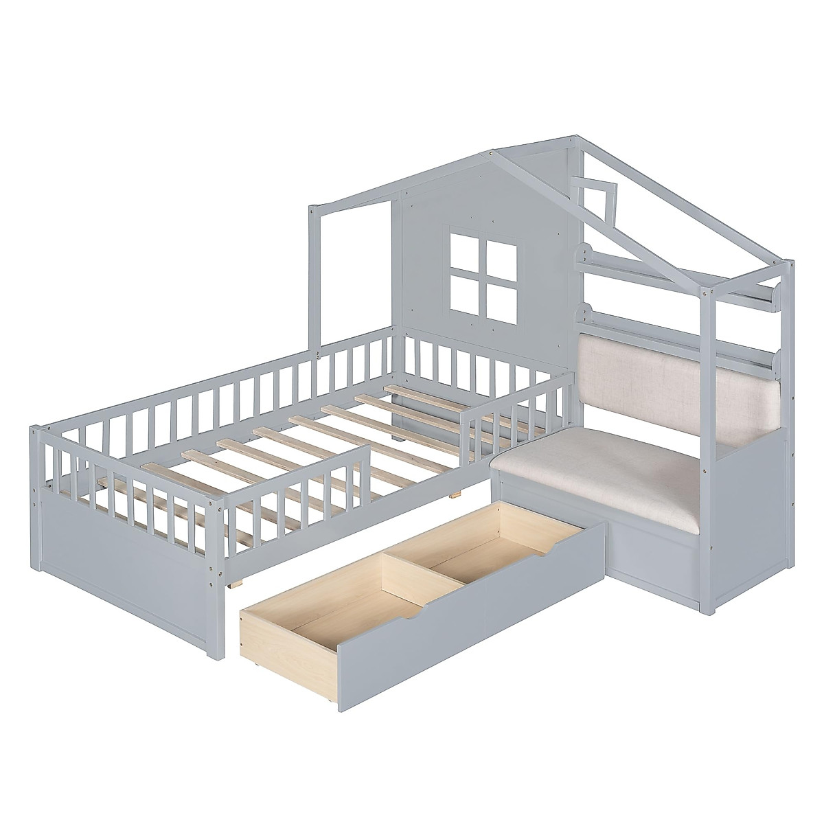 Bellemave Twin Size House Bed with Sofa, Kids Twin Platform Bed with Two Drawers and Storage Shelf, for Girls Boys - Gray