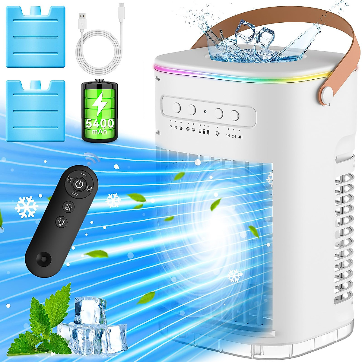 BALKO Small Air Conditioner, 5400mAh Built-in Battery Evaporative Air Cooler, 2 Ice Packs, 7H Timer Smart Auto-Off &Remote, 7 Lights, 1200ML Water Tank, 2-Level Mists, 3-Speed Personal Air Conditioner