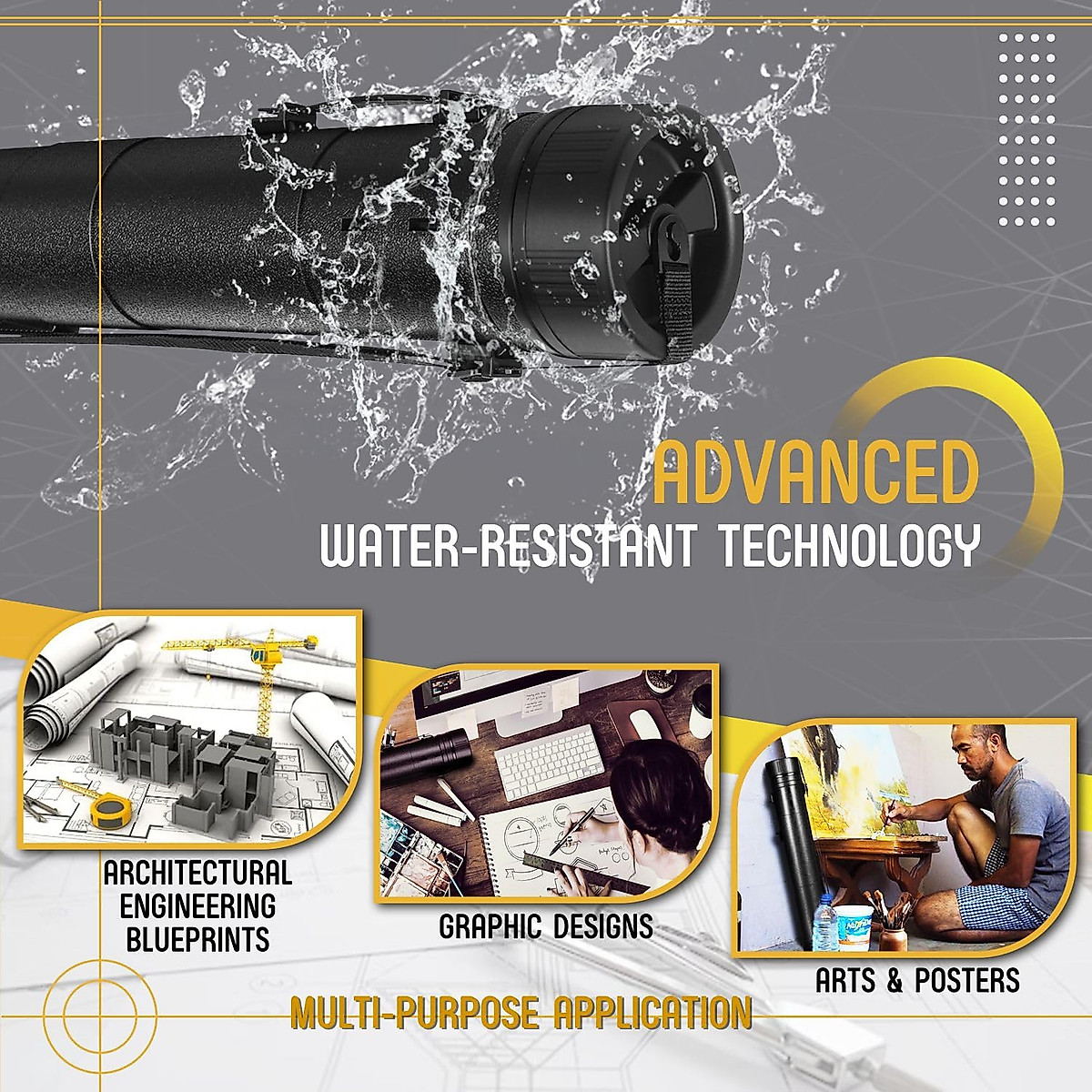 Flexzion Poster, Art, Document Tube with Strap, Expandable Waterproof Plastic Container, Telescoping Cylindrical Storage Case, Portable Paper Holder for Draft Sketch Blueprint, 3.5 I.D. x 30-54