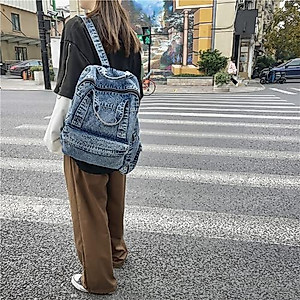 NUFR Cute Backpack Denim Stone Washed Vintage Kawaii Teen Street Wear Outfits (Blue)