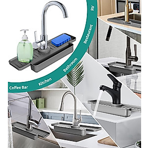 Silicone Faucet Splash Guard Kitchen Sink Splash Guard Upgraded Faucet Water Catcher Tray - 15.75” x 5.5''x2” - Sink Sponge Holder for Kitchen, Bathroom(Grey)