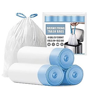 Small Trash Bags 4 Gallon - Drawstring 4 Gallon Trash Bag, Tear-Free 4 Gal Small Garbage Bags, Separated Unscented White Small Trash Bags Bathroom Trash Bags, 57 Count