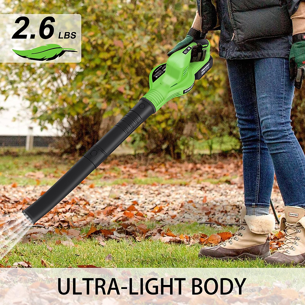 Leaf Blower Cordless, 20V Electric Blowers with 4000mAh Battery and Charger, 2 Speed Modes Lightweight Battery Powered Leaf Blowers for Lawn Care, Patio, Blowing Leaves,Grass