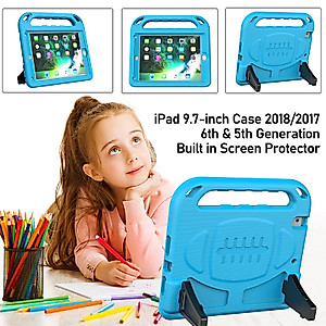 LTROP Kids Case for iPad 6th/5th Generation (2018/2017), iPad 9.7 Inch Case, iPad Air 2 Case for Kids, Built in Screen Protector, Shockproof Handle Stand Case for iPad 9.7 6th/5th Gen/Air 2, Blue