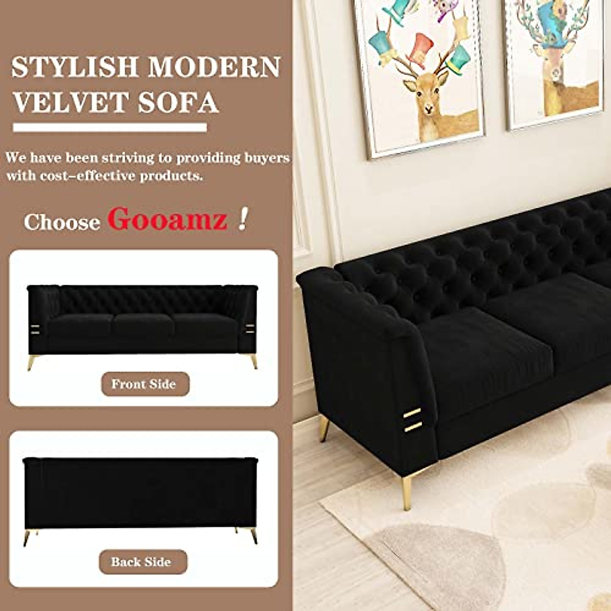 Gooamz Black Velvet Couch Sofa, 82 Inch Wide Modern Tufted Chesterfield Sofa with Flared Arms and Golden Metal Legs, Upholstered 3-Seater Sofa Large Comfy Couches for Living Room (Black)