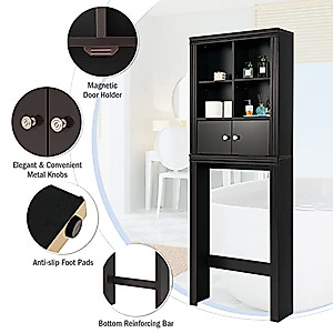 LOKO Over The Toilet Storage Cabinet, 2-Door Tall Bathroom Organizer w/ 4 Open Compartments & Adjustable Shelves, Modern Simple Toilet Space Saver, Ideal for Bathroom Laundry Balcony (Espresso)