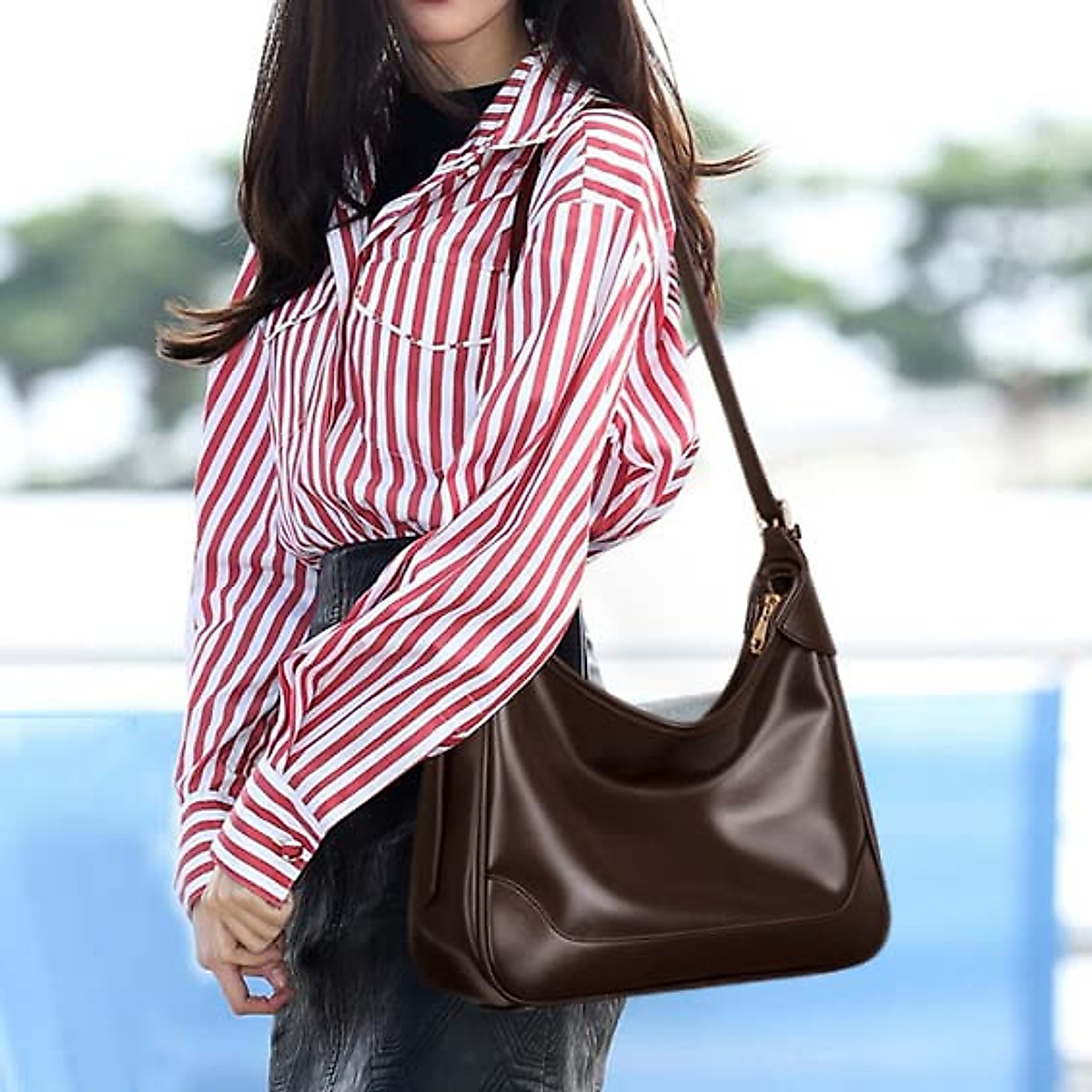 Women's Vegan Leather Hobo Crossbody Shoulder Bag Handbag Purse (Brown)