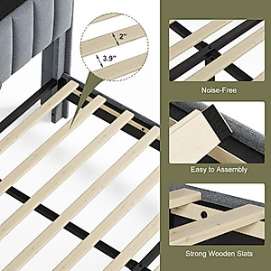 Queen Bed Frame with Storage Headboard & Footboard Upholstered Platform Bed with LED Lights USB Ports & Outlets Strong Wood Slats Support No Box Spring Needed